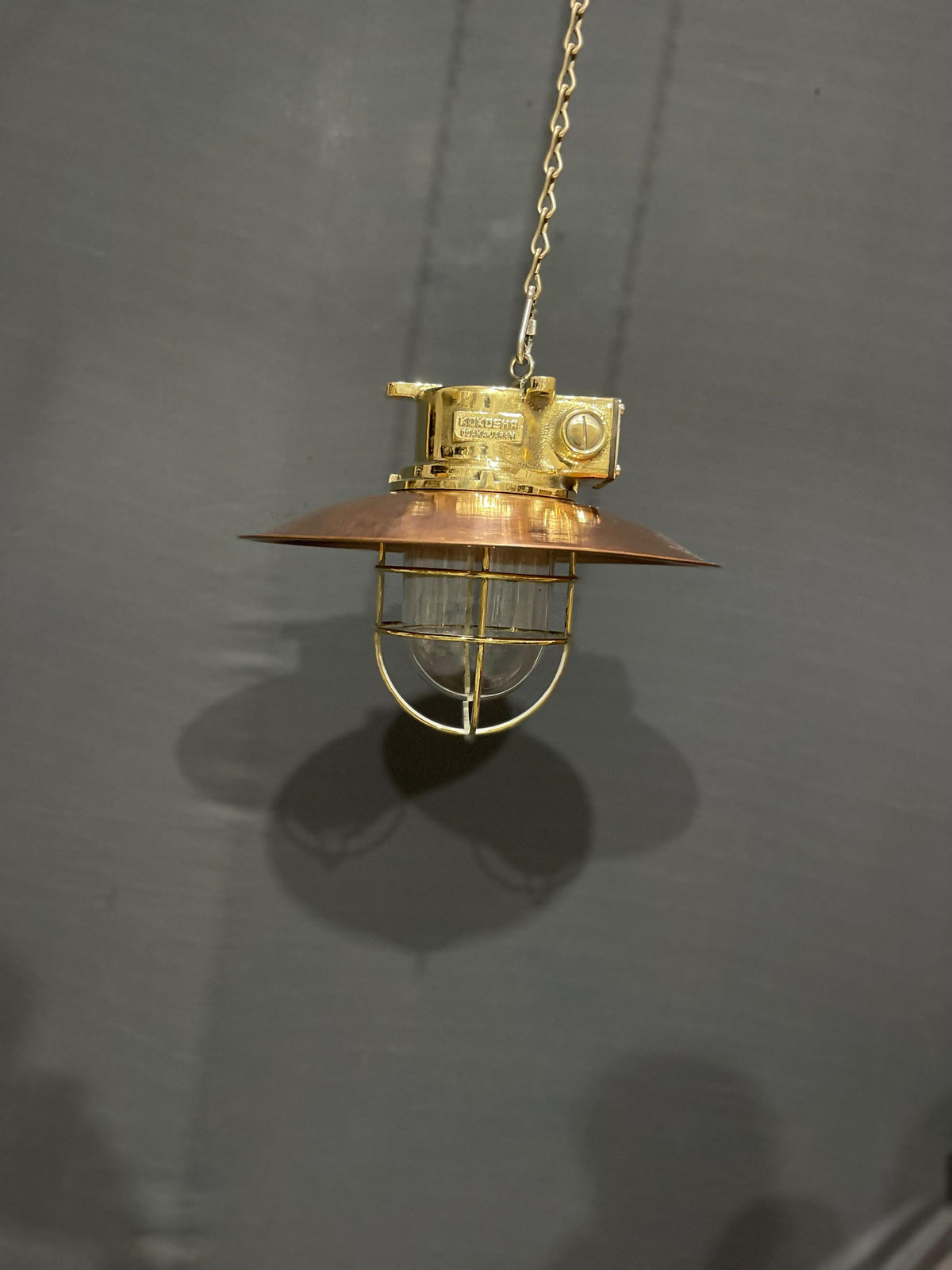 BRASS PASSAGE LIGHT BY KOKOSHA WITH COPPER SHADE Model 7 — bananaindustries